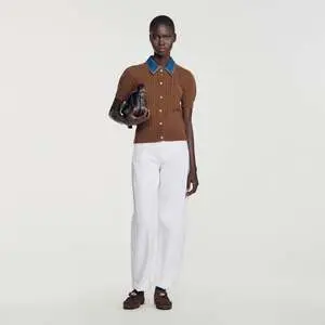 Sandro Cable Knit Cardigan With Removable Denim Collar - Brown
