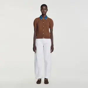 Sandro Cable Knit Cardigan With Removable Denim Collar - Brown