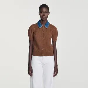 Sandro Cable Knit Cardigan With Removable Denim Collar - Brown