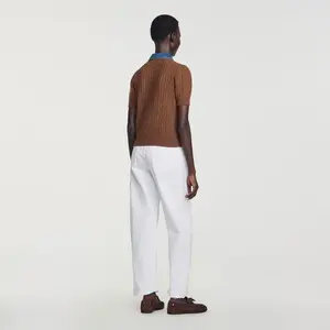 Sandro Cable Knit Cardigan With Removable Denim Collar - Brown
