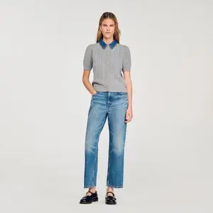 Sandro Short-sleeve Cardigan With Detachable Denim Collar - Grey