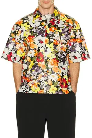 Bottega Veneta Floral Printed Leather Short Sleeve Shirt In Yellow - Multicolor