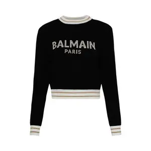 Balmain Logo Intarsia Knitted Cropped Jumper