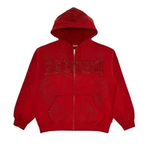 Supreme Leather Appliqué Zip Up Hooded Sweatshirt - Red