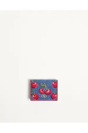 Valentino Garavani Vlogo Signature Wallet With Cherryfic Embroidery - Denim