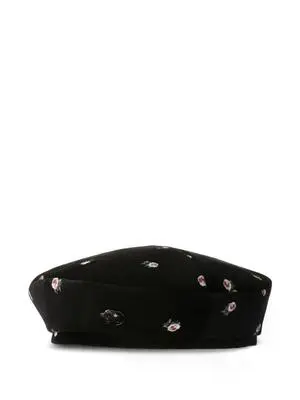 MAISON MICHEL Floral-embroidered Beret - Black