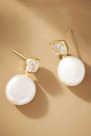 Shashi Cleo Emerald Baguette Pearl Drop Earrings - Gold
