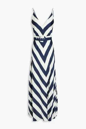NICHOLAS Belted Striped Satin-twill Maxi Dress