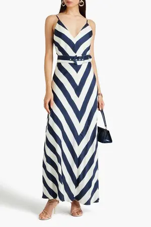 NICHOLAS Belted Striped Satin-twill Maxi Dress