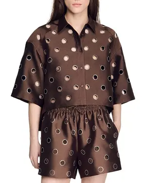 Sandro Rhinestone Cutout Shirt - Brown
