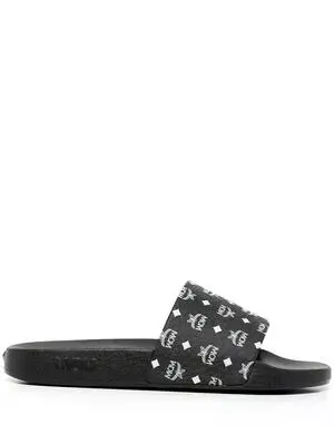 Mcm Monogram-print Slides - Black