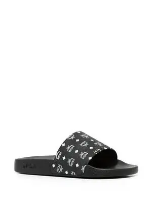 Mcm Monogram-print Slides - Black