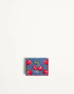 Valentino Garavani Vlogo Signature Denim Wallet With Cherryfic Embroidery - Denim/multicolour