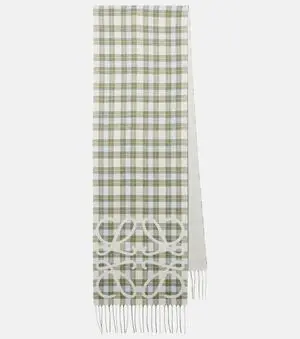 Loewe Anagram Checked Silk And Cashmere Scarf - Grey
