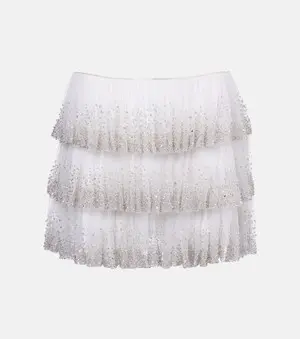 CLIO PEPPIATT Evie Beaded Tiered Tulle Miniskirt - White