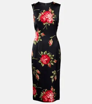 Dolce & Gabbana Floral Satin Midi Dress - Black