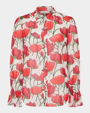MILLY Lacey Peony Button-front Blouse - Red Multi