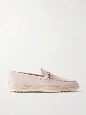 TOD'S Raffia-trimmed Suede Loafers - Pink