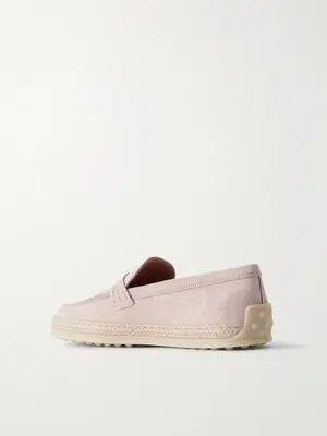 TOD'S Raffia-trimmed Suede Loafers - Pink