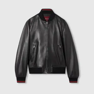 Gucci Leather Bomber Jacket With Web