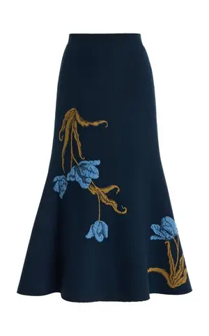 Erdem Embroidered A-line Midi Skirt - Navy