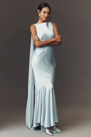 Retrofete Julia Boat-neck Cape Satin Maxi Dress - Ice Blue