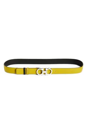 FERRAGAMO Double Gancio Reversible Leather Belt Lemongrass Nero
