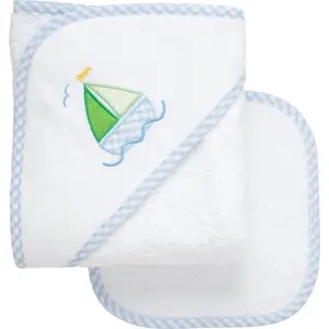 3 MARTHAS Applique Hooded Towel & Washcloth Set - Blue Sailboat