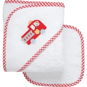 3 MARTHAS Applique Hooded Towel & Washcloth Set - Fire Truck