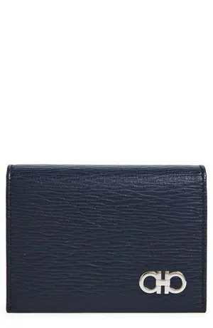 FERRAGAMO Revival Hammered Leather Bifold Card Holder - Deep Ocean