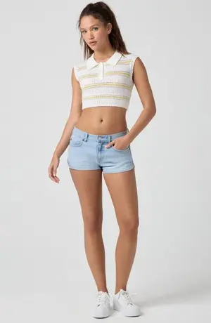 FLORENCE BY MILLS Stripe Pointelle Crop Polo - Bright White/capri