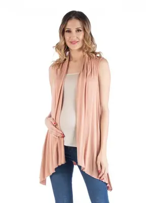 24SEVEN COMFORT APPAREL Maternity Draped Open Front Sleeveless Cardigan - Nude