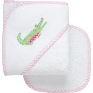 3 MARTHAS Hooded Towel & Washcloth Set - Pink Alligator