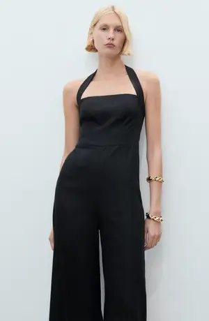 Mango Halter Linen Jumpsuit - Black