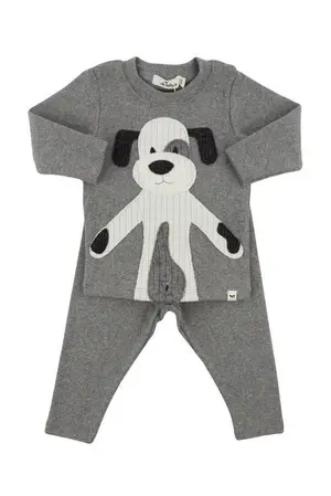 OH BABY! Large Cream Puppy Applique Long Sleeve Two Piece Set - Coal