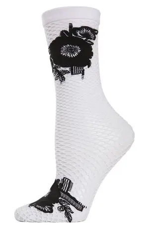 Natori Floral Appliqué Fishnet Crew Socks - White