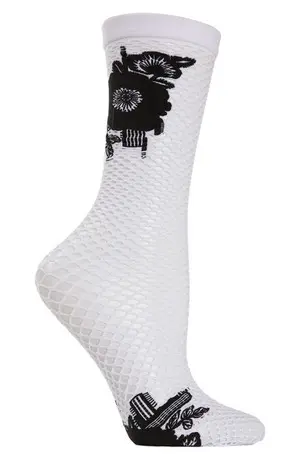 Natori Floral Appliqué Fishnet Crew Socks