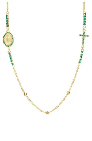 ATHRA LUXE Virgin Mary And Cross Zirconia Necklace - Green/gold
