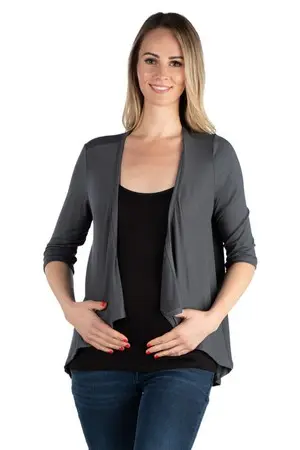 24SEVEN COMFORT APPAREL Maternity Elbow Length Sleeve Open Cardigan - Charcoal