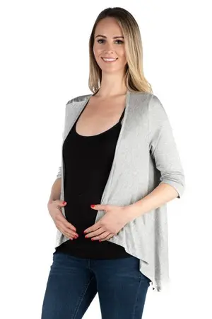 24SEVEN COMFORT APPAREL Maternity Elbow Length Sleeve Open Cardigan - Heather