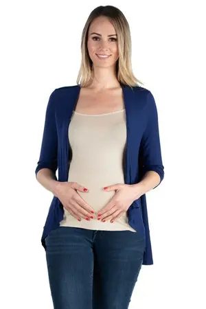 24SEVEN COMFORT APPAREL Maternity Elbow Length Sleeve Open Cardigan - Black