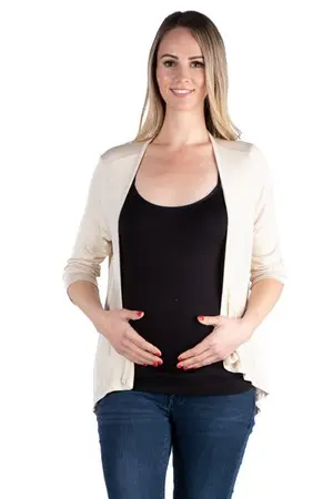 24SEVEN COMFORT APPAREL Maternity Elbow Length Sleeve Open Cardigan - Nude