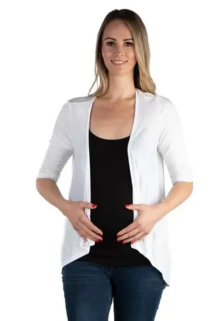 24SEVEN COMFORT APPAREL Maternity Elbow Length Sleeve Open Cardigan - White