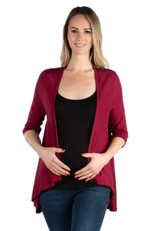24SEVEN COMFORT APPAREL Maternity Elbow Length Sleeve Open Cardigan - Wine
