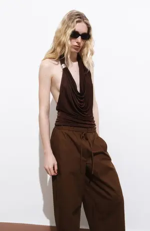 Mango Paperbag Wide Leg Cotton Poplin Pants - Brown