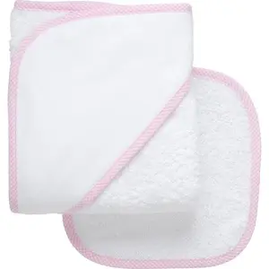 3 MARTHAS Checked Trim Hooded Towel And Washcloth Set - Pink