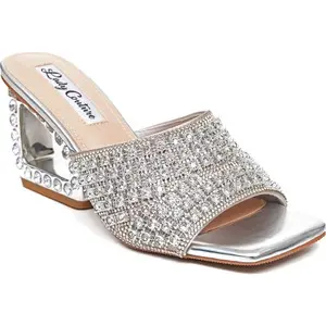 LADY COUTURE Rhinestone Jewel Heel Slides - Silver