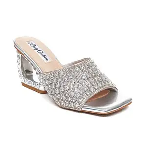LADY COUTURE Rhinestone Jewel Heel Slides - Silver