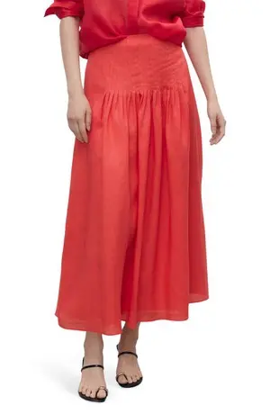 Mango Pleated Ramie Midi Skirt - Red