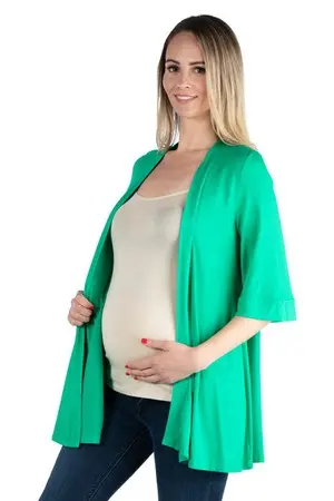24SEVEN COMFORT APPAREL Maternity Open Front Elbow Length Sleeve Cardigan - Grass